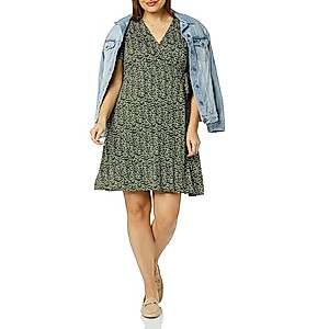 Amazon Essentials Women's Short Sleeve Faux-Wrap Dress, Olive Dots, Large