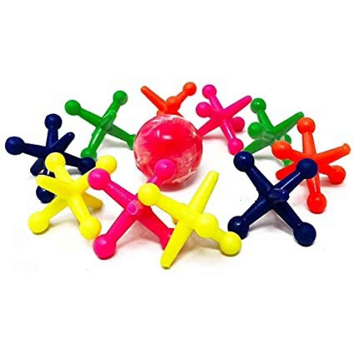 JA-RU Hot Rainbow Big Jax Retro Jaxs. 1 Large Hi Bounce Ball and 10 Large Colorful Rubber Jacks. Party Favors Game Toy for Kids and Adults Boys and Girls Toys. 731-1B