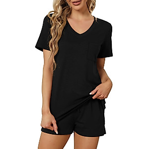 RUBZOOF Pajamas for Women Shorts Set V Neck Casual Short Sleeve Summer Lounge Sets Black L