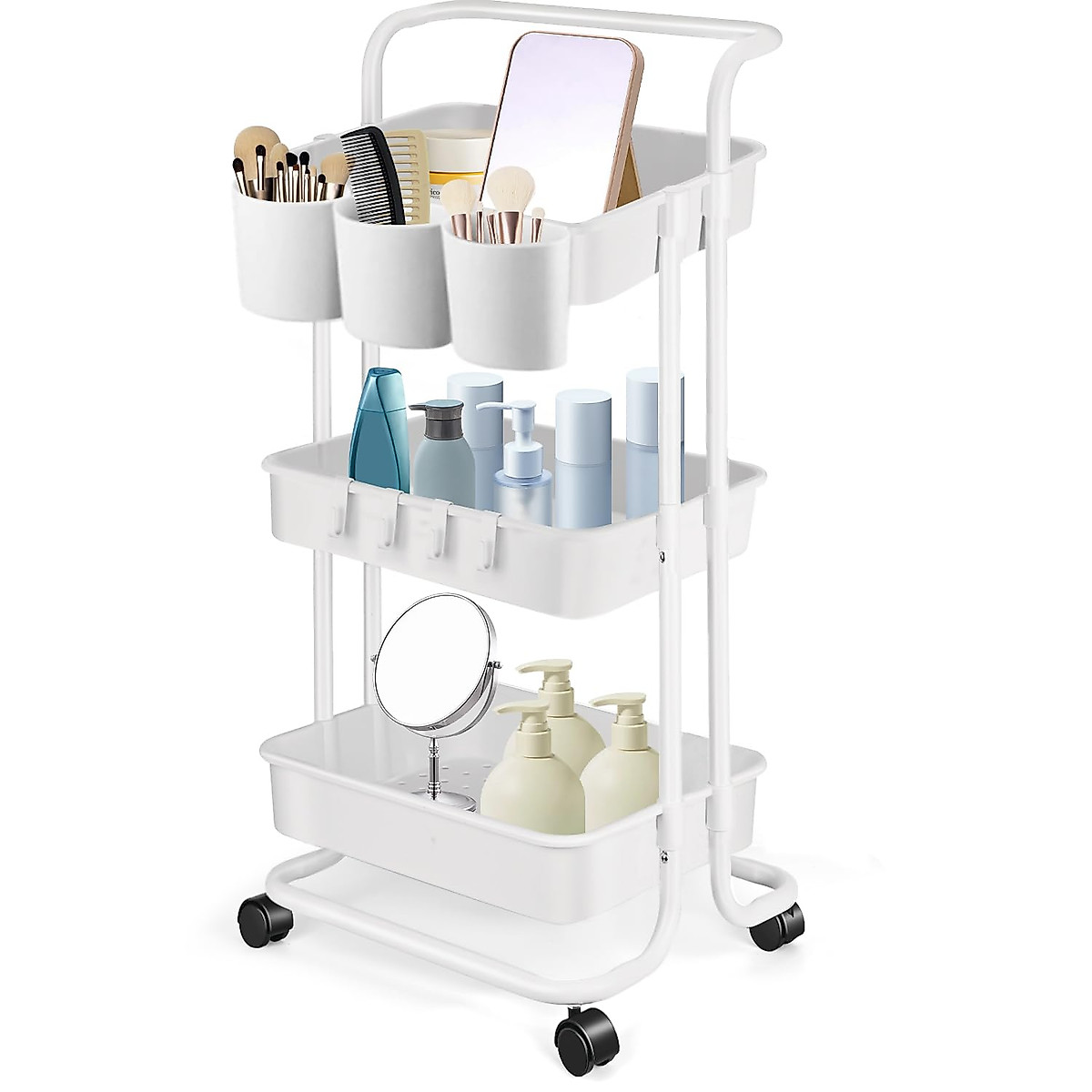 3 Tier Utility Rolling Cart - Storage Cart Organizer Cart Kitchen Cart Makeup Cart 3 Shelf Baby Tray Cart with Hanging Cups Trolley Handles and Wheels Use for Bathroom Kids Room Bedroom Office (White)