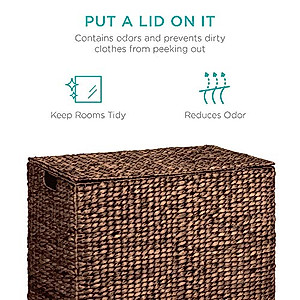 Best Choice Products Rustic Extra Large Natural Woven Water Hyacinth Double Laundry Hamper Storage Basket w/ 2 Removable Machine Washable Cotton Liner Bags, Divided Interior, Lid, Handles - Espresso