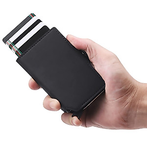 TNE Airtag Wallet (Airtag not Included) Genuine Leather Credit Card Money Holder Automatic Pop Up Mini Aluminum Wallet with Zipper Coin Pocket | Airtag Case Men or Women Air Tag Cover (Black)