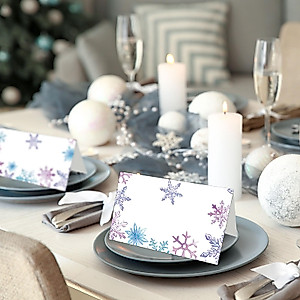 Whaline 50Pcs Christmas Place Cards Blue Purple Snowflake Seating Tent Name Cards Xmas Blank Folded Seat Assignment Setting Label for Wedding Baby Shower Party Supply