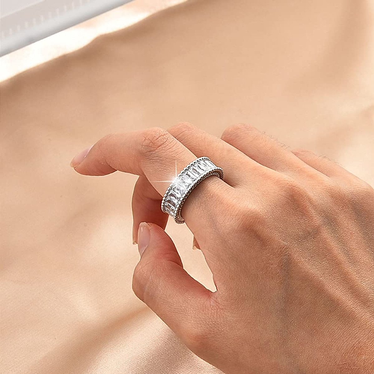 ABJFJE Rdjustable Rainbow Baguette Band Ring Anniversary Eternity Band Cubic Zirconia Ring Crystal Wedding Cocktail Rings Fashion Luxury Jewelry for Women (Silver White)