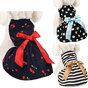 3 Pieces Cute Ribbon Dog Dress for Small Medium Dogs Puppy Shirts Dog Clothes Pet Apparel for Cats in Wedding Holiday Christmas New Year Spring Summer (White Dots, Black White Stripes, Cherries,M)
