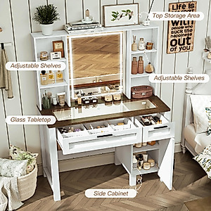 usikey Farmhouse Makeup Vanity Desk with Mirror and Lights, Glass Tabletop Makeup Vanity with Adjustable Shelves, Vanity Table Set with 2 Drawers and Side Cabinet for Bedroom, White