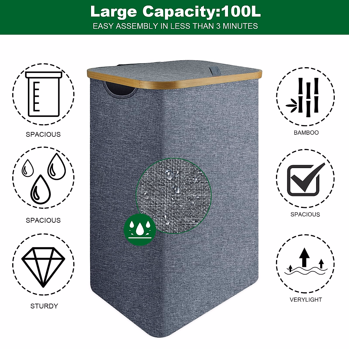 ZHSX Laundry Hamper/Basket with Lid, 100L Large Laundry Hamper/Basket/Bin with Bamboo Handle, Foldable Clothes Basket Organizer with Two Removable Inner Bags, Odor-Resistant and Waterproof(Grey)