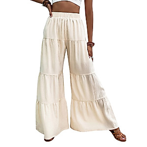 WDIRARA Women's Flowy Boho Elastic High Waist Ruffle Hem Wide Leg Beach Loose Palazzo Pants Beige M