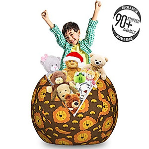 Ambesonne Lion Storage Toy Bag Chair, Little Funny Zoo Animals with Sleepy Faces and Paws Cartoon Design, Stuffed Animal Organizer Washable Bag, Large Size, Brown Yellow and Orange