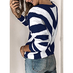 PRETTYGARDEN Women's Fashion Long Sleeve Striped Color Block Knitted Sweater Crew Neck Loose Pullover Jumper Tops (Striped Blue,XX-Large)