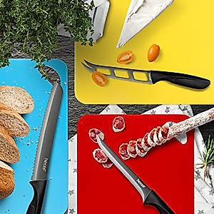 hecef 25 pcs Kitchen Knife Set with Block - 8 Cooking Knives, 8 Serrated Steak Knives, 4 Cutting Mats, Pizza Wheel, Scissors, Peeler, Knife Sharpener & Acrylic Stand (Gray Titanium)