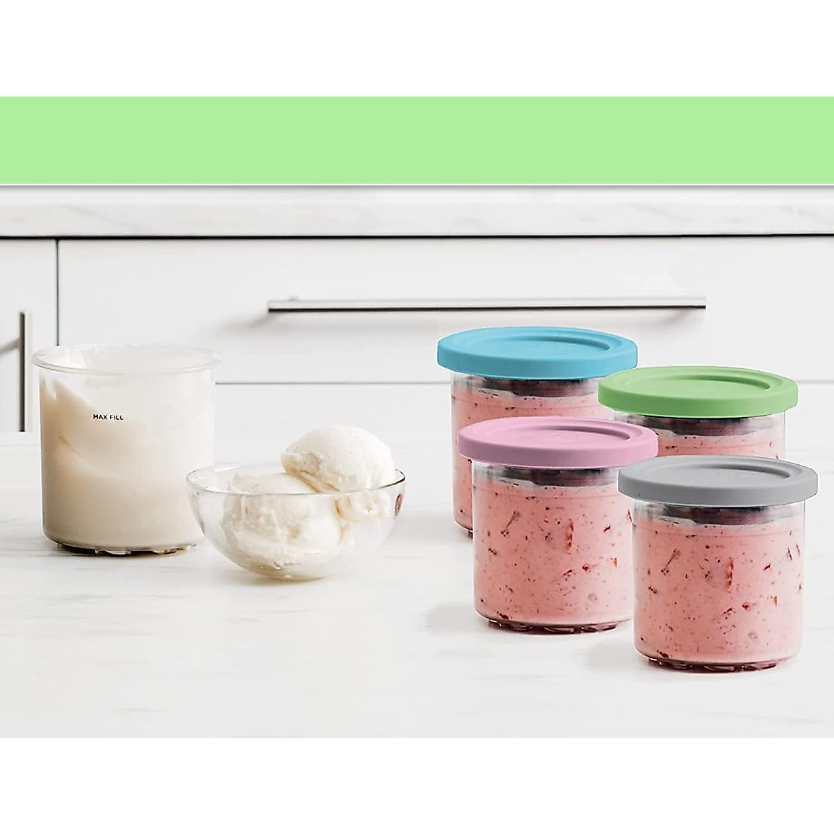 Litex Ninja Creami Pints 4 Pack，Creami Pints and Lids for Ninja，Smoothie Pot Compatible with NC299AMZ & NC300s Series Creamer Ice Cream Maker Machine，Dishwasher Safe, W/ 4X Spoon, 1 Marker and Sticker