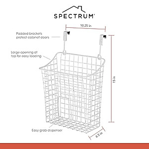 Spectrum Diversified Grid Over-The-Cabinet Dispenser Plastic Holder for Kitchen Storage, Sink Organizer for Recycling Grocery Bags, Extra Large, White