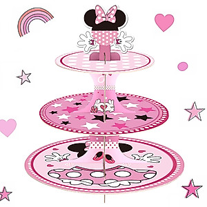 Jouierty Pink Cupcake Stand Cartoon Mouse Cardboard Dessert Tower Serving Tray for Kids Girls Birthday Party Decoration Baby Shower Decor Tea Party Cup Cake Holders Display Table Decorate Supplies