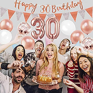 MOVINPE 30th Rose Gold Birthday Decorations, 30th Happy Birthday Banner Pennant Flags 6pcs Hanging Swirl, Number 30 Foil Balloons 8pcs Latex Balloons Cake Toppers Table Confetti for Women