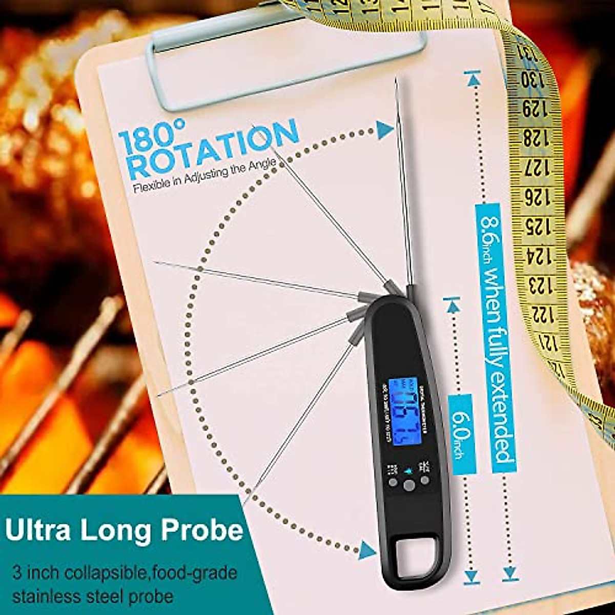 LIKEPAI Instant Read Meat Thermometer for Kitchen Cooking, Ultra Fast Precise Waterproof Digital Food Thermometer with Backlight, Magnet and Foldable Probe for Deep Fry, Outdoor BBQ, Grill（Black）