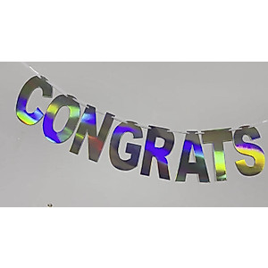 Holographic Congrats Grad Banner Decorations Sign, Iridescent Hanging Bunting String Flag Garland for Graduation Ceremony Party Decoration