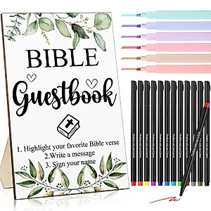 Geelin 19 Pcs Bible Wedding Guestbook Sign and Pens Set Greenery Wooden Standing Sign Bible Guest Book Sign 6 Highlighters for Bible Pages 12 Fine Point Pens for Baby Shower Bridal Shower Party
