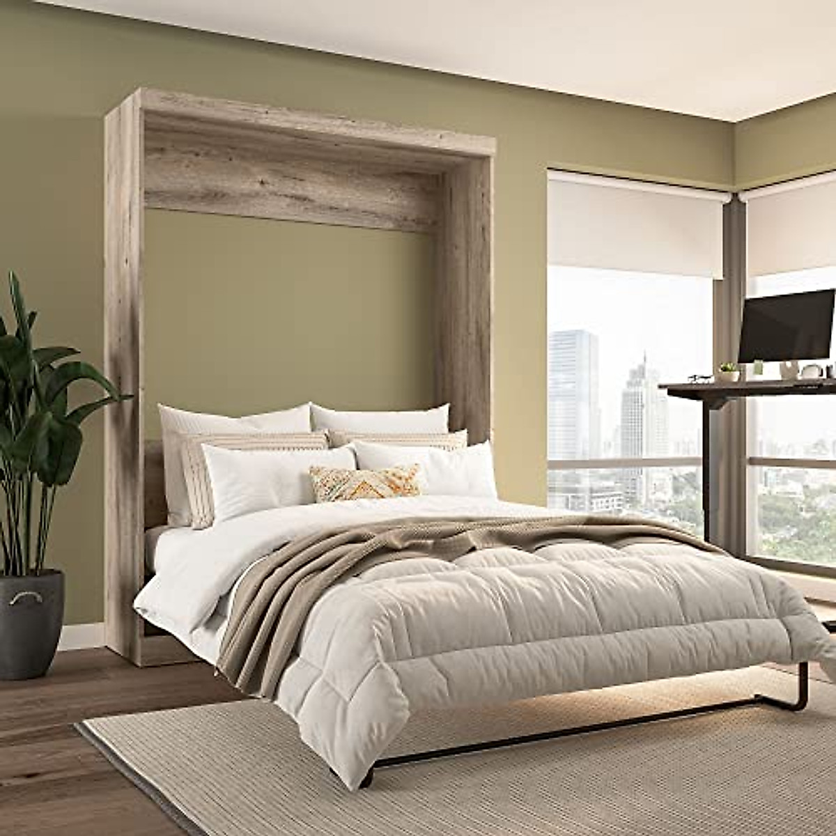 Bestar Pur Murphy, Space-Saving Wall Bed for Multipurpose Guest Room or Home Office, Queen, Rustic Brown