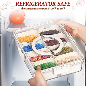 Snackle Box Container, Divided Serving Tray with Lid and Handle, Portable Snackle Box Charcuterie Container for Candy, Fruits, Veggie, Travel & Picnic (1 Pack with 8 Compartments)