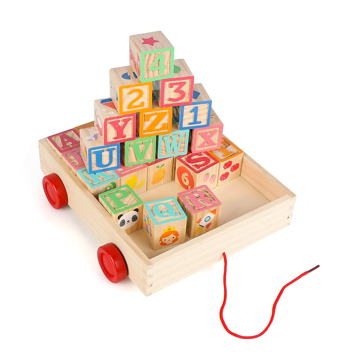 Joqutoys Wooden Building Blocks for Toddlers 1-3, Large Wood Baby Stacking Blocks Set for Kids, 30 PCS Alphabet Blocks with Toy Wagon, Educational Wooden Toys for Boys Girls Gifts 1.65"