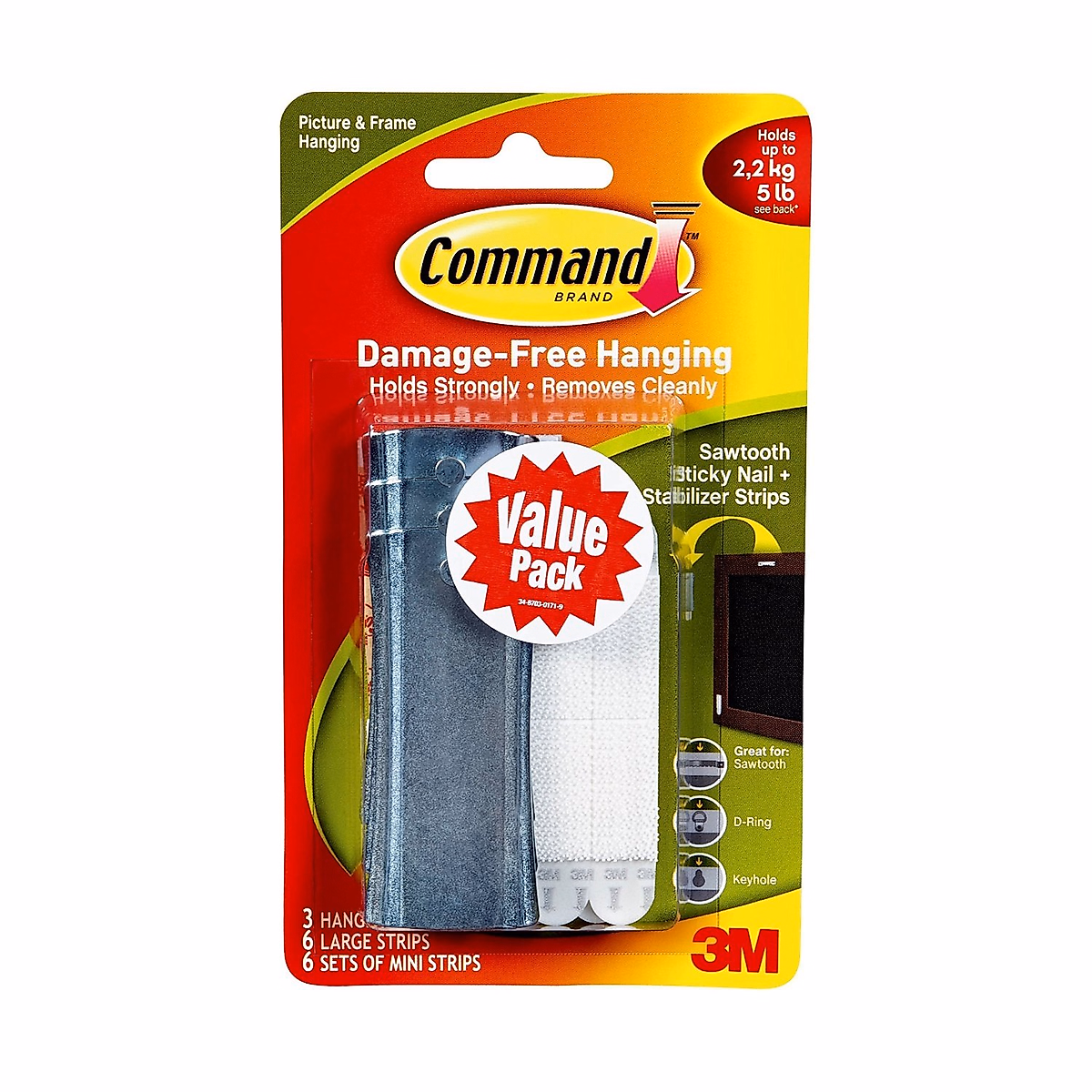 Command Sticky Nail Sawtooth Hanger, 5-Pound, -3 Pack