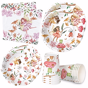 Xigejob Fairy Birthday Party Supplies - Fairy Party Decorations Dinnerware For Birthday & Baby Shower, Plate, Cup, Napkin, Flower Fairies Enchanted Forest Garden Theme Party Supplies | Serve 24