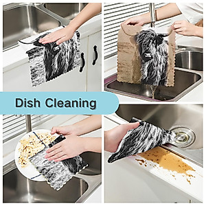 Black White Scottish Highland Cow Vintage Style 6 Set Kitchen Dish Towels, Washcloths Cleaning Cloths Dish Cloths, Absorbent Towels Lint Free Bar Tea Soft Waffle Towel 11"x11"