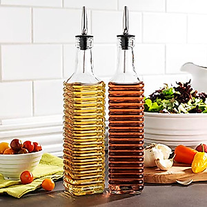 MosJos Oil and Vinegar Dispenser Set - 17 oz Ribbed Glass Olive Oil & Vinegar Cruet Set - Non-Drip, BPA-Free, Dishwasher Friendly Bottles with Stainless Steel Spouts (‎Clear Square)