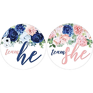 Navy and Blush Floral Gender Reveal Party -Team He or Team She - 40 Stickers