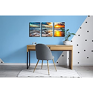 Canvas Wall Art Beach Sunset Ocean Waves Nature Pictures HD Prints 3 Pieces Stretched Canvas Wooden Framed Artwork for living Room Bedroom and Office living Room Wall Decor Size:12"x16"x3