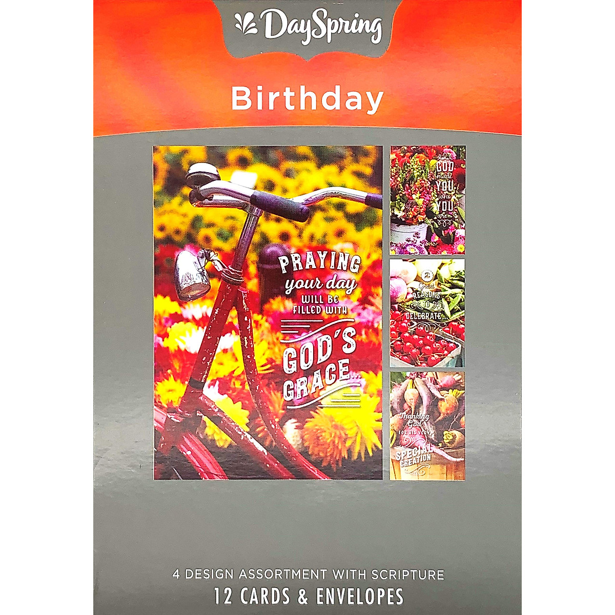 DaySpring - Happy Birthday - Farmers Market - 4 Design Assortment with Scripture - 12 Boxed Birthday Cards & Envelopes, NCV (J0382)