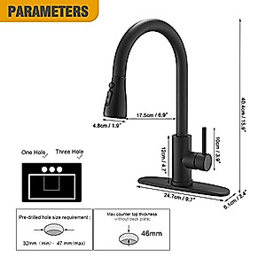 BESy Brass Single Handle Kitchen Faucet with Pull Down Sprayer,Rv High-Arc Kitchen Sink Faucet with Pull Out Sprayer,Single Lever 3 Function Laundry Room Faucet,Matte Black (1 or 3 Hole)