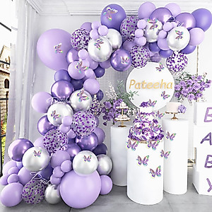 Pateeha Baby Shower Decorations for Girl 140 Pcs Purple Balloon Garland Kit Lavender Metallic Purple Silver Balloon Arch 12 Pcs Butterfly Stickers for Wedding Birthday Party Decorations