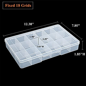 BangQiao 2 Pack Fixed 18 Grids Clear Plastic Compartment Container Case, Transparent Organizer Storage Divider Box with Lid for Bead, Button, Hardware, Screw, Sewing Kit, Craft Supplies