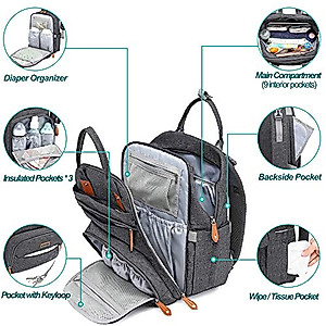 BabbleRoo Diaper Bag Backpack, Nappy Changing Bags Multifunction Waterproof Travel Back Pack with Changing Pad & Stroller Straps & Pacifier Case, Unisex and Stylish (Dark Gray)