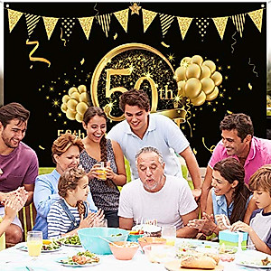 50th Anniversary Decorations, Extra Large Fabric Black Gold Sign Poster for 50th Anniversary Backdrop Photo Booth Background Banner 50th Birthday Party Supplies