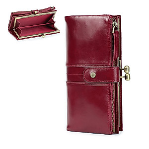 Contacts Kiss Lock Wallet for Women Leather, Kiss Clasp Wallet Coin Card Purse RFID Clutch Wallet Zipper Red Vintage Phone Holder