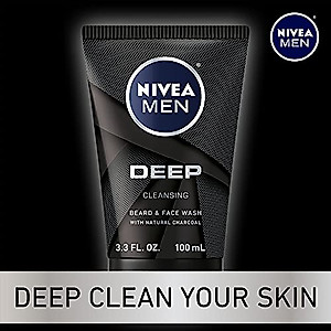 Nivea Men DEEP Cleansing Beard and Face Wash, Enriched with Natural Charcoal, 3 Pack of 3.3 Fl Oz Tubes