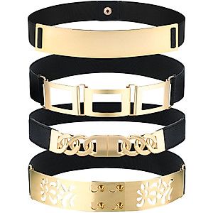 Zhanmai 4 Pieces Belts for Women Metal Gold Stretch Waist Belt Skinny Wide Chain Belt Elastic Belt for Dress (Black, Simple Style)
