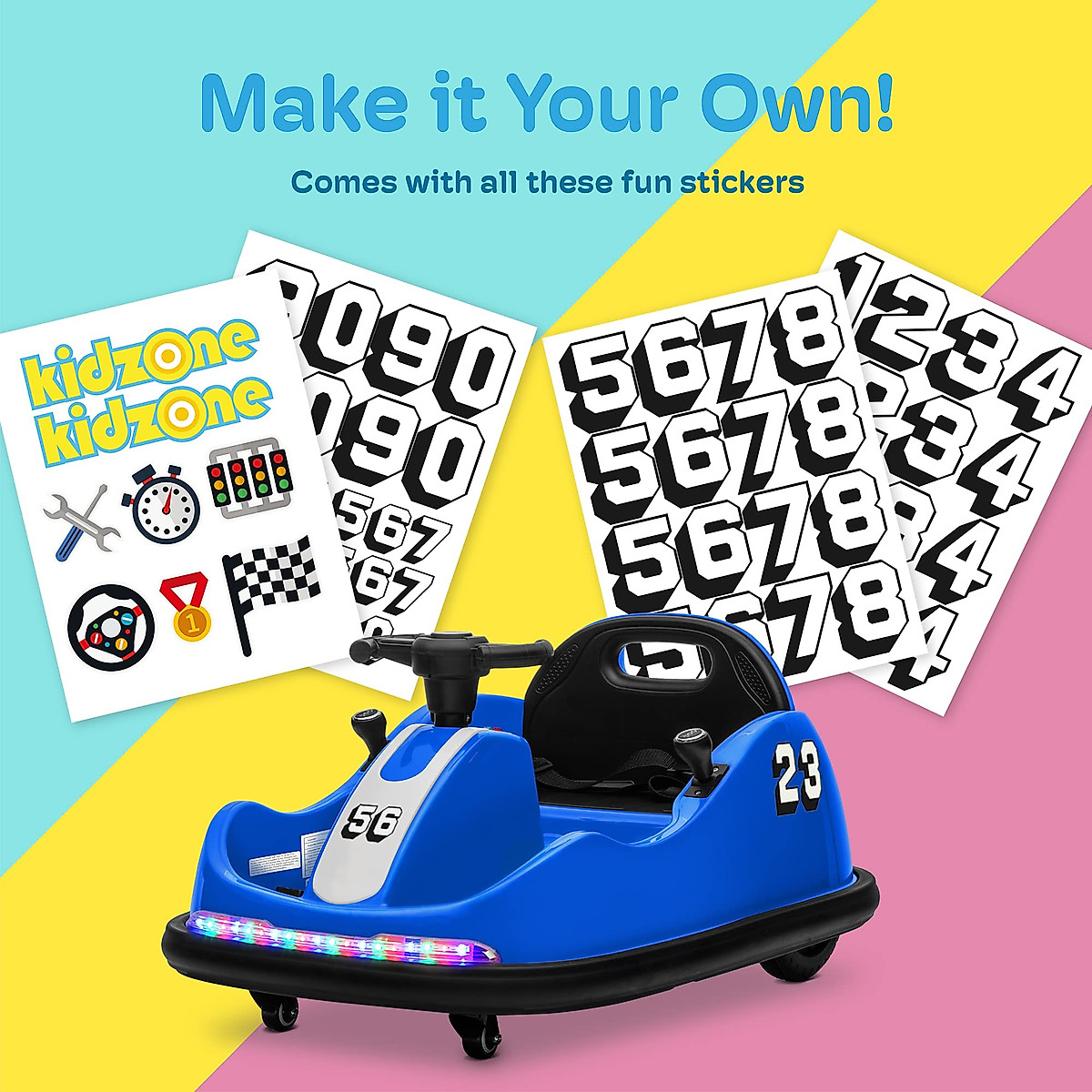 Kidzone 12V 2 Driving Mode (Steering Wheel/Joystick) Ride On Bumper Car for Kids & Toddlers 1.5-6 Year Old DIY Sticker Baby Bumping Toy Gifts W/Remote Control LED Lights, 360 Degree Spin