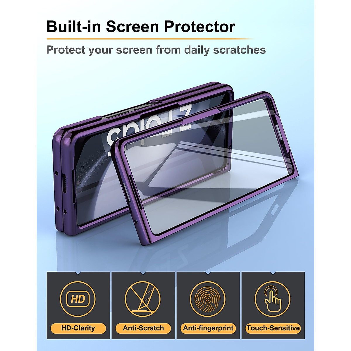 Feitenn for Samsung Z Fold 5 Case, Z Fold 5 Genuine Leather Back Case Slim Hard PC Bling Shockproof Case with Front Tempered Glass Screen Protector Film for Samsung Z Fold 5 2023 (Purple)