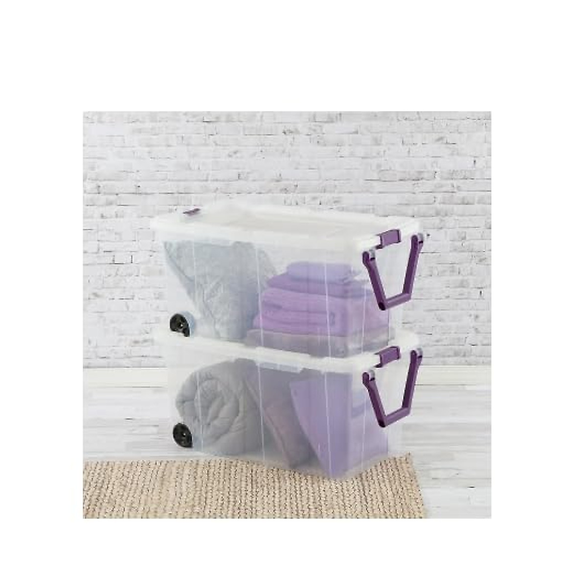 Generic 2PCS 40 Gallon Industrial Tote Plastic Storage Bins Wheeled Large Storage Box Set, Clear And Purple
