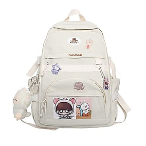 HIQUAY Kawaii Backpack for Girls with Bear Pendant and Cute Pins Backpack for Teens Girls for High School Casual Daypack - Beige