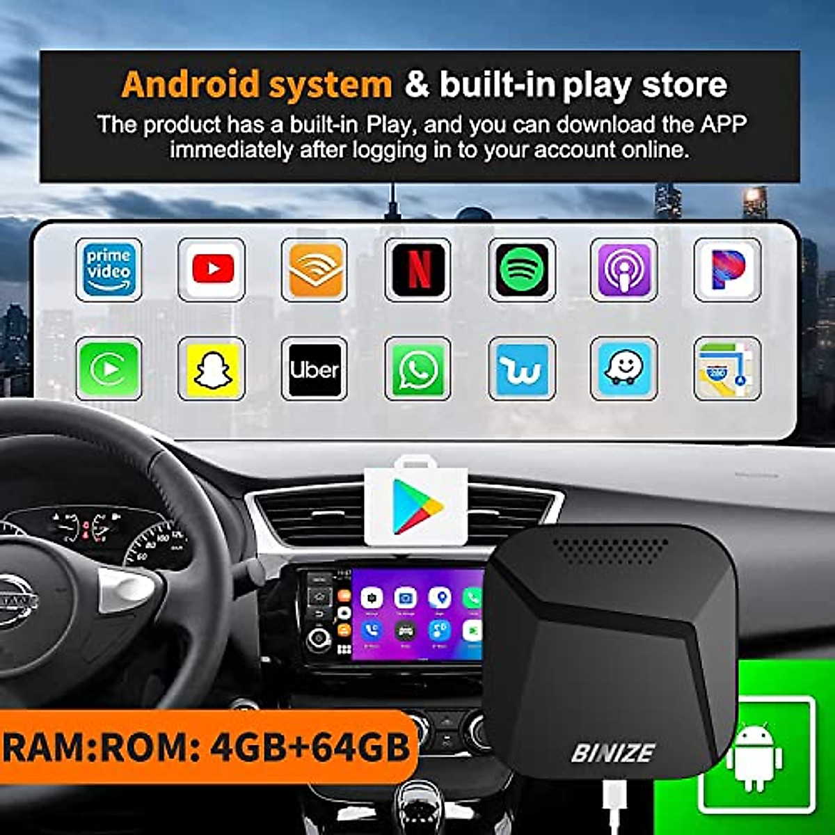 Binize Android 12 Multimedia Video Box Support Wireless Carplay&Android Auto, Carplay AI Box Carplay Streaming Support YouTube,Netflix
