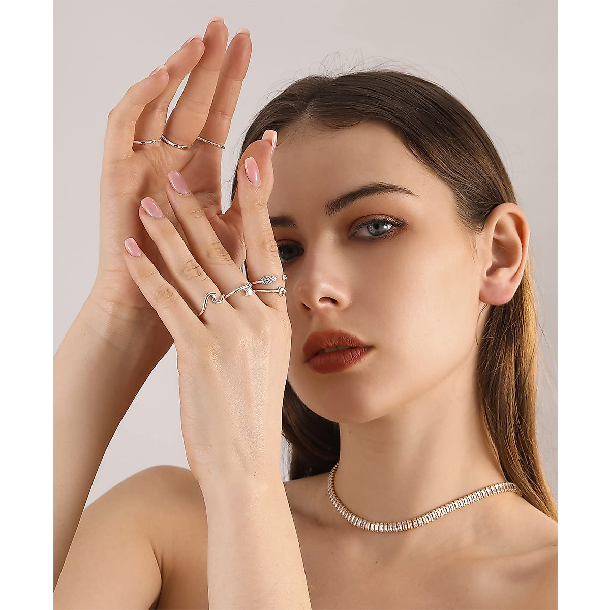 FUNEIA 8PCS 14K Gold Plated Adjustable Rings for Women, Silver Stackable Knuckle Rings for Teen, Arrow Knot Wave Open Stacking Dainty Thumb Rings Set