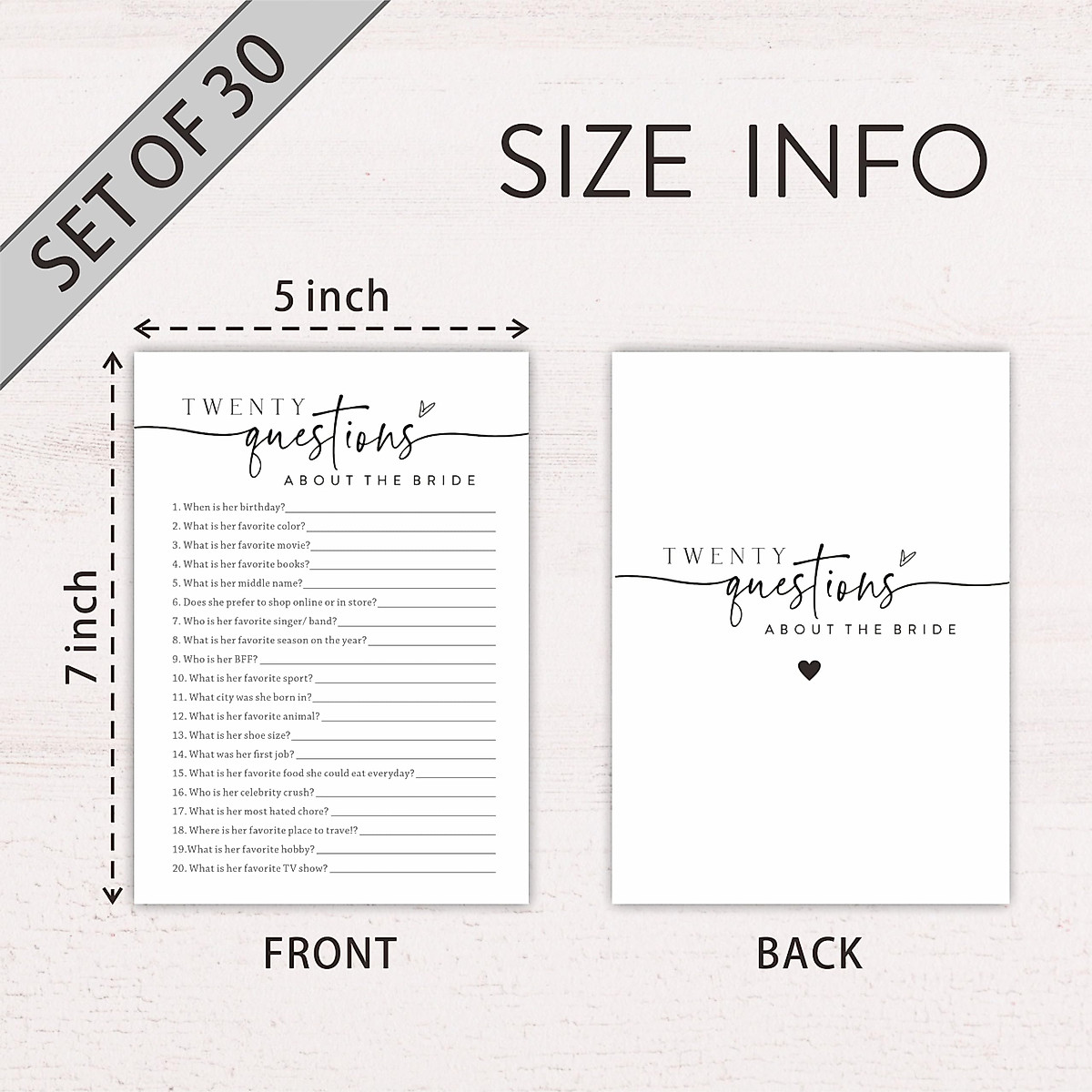 Minimalism Bridal Shower Game Cards, Twenty Questions About The Bride, Double-Sided Wedding Party Game Cards For 30 Guests, Engagement Party Activities, Newlyweds Party Decoration & Supplies - A05