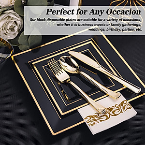 N9R 60 Pack Black Square Plastic Plates with Gold Rim Include 30 Disposable Dinner Plates 9.5 Inch and 30 Dessert Plates 6.5 Inch, Fancy Plates for Party, Wedding, Halloween and Daily Use