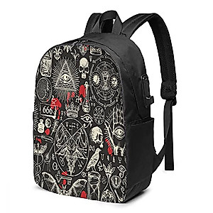 Nicokee Laptop Backpack Carry On Backpack Durable Large Leisure Bag Occult Skull Rune Demon Blood Bat Crow Eye Multifunctional Backpack With Usb Port 17 Inch For Man/Woman