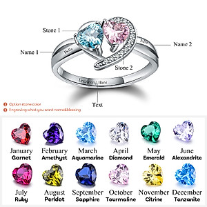 💖Valentine's Gift💖Madeone Promise Rings Personalized Mother Ring with 2 heart Birthstones 2 Names&1 Engraving 925 Sterling Silver 14K Gold Plated Anniversary Rings Engagement Rings Wedding Bands Customized Rings for Women (12)